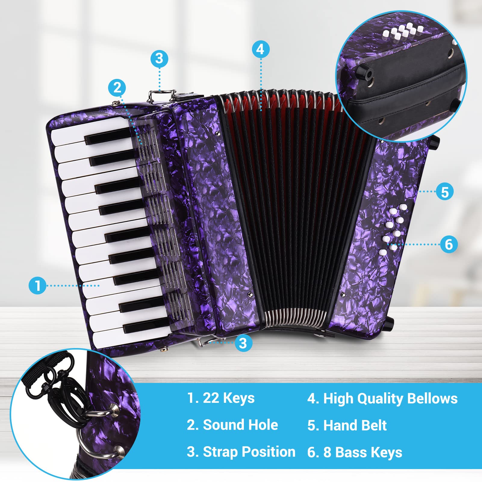 Btuty 22 Keys 8 Bass Piano Accordion with Adjustable Straps Gig Bag Musical Instrument for Beginners