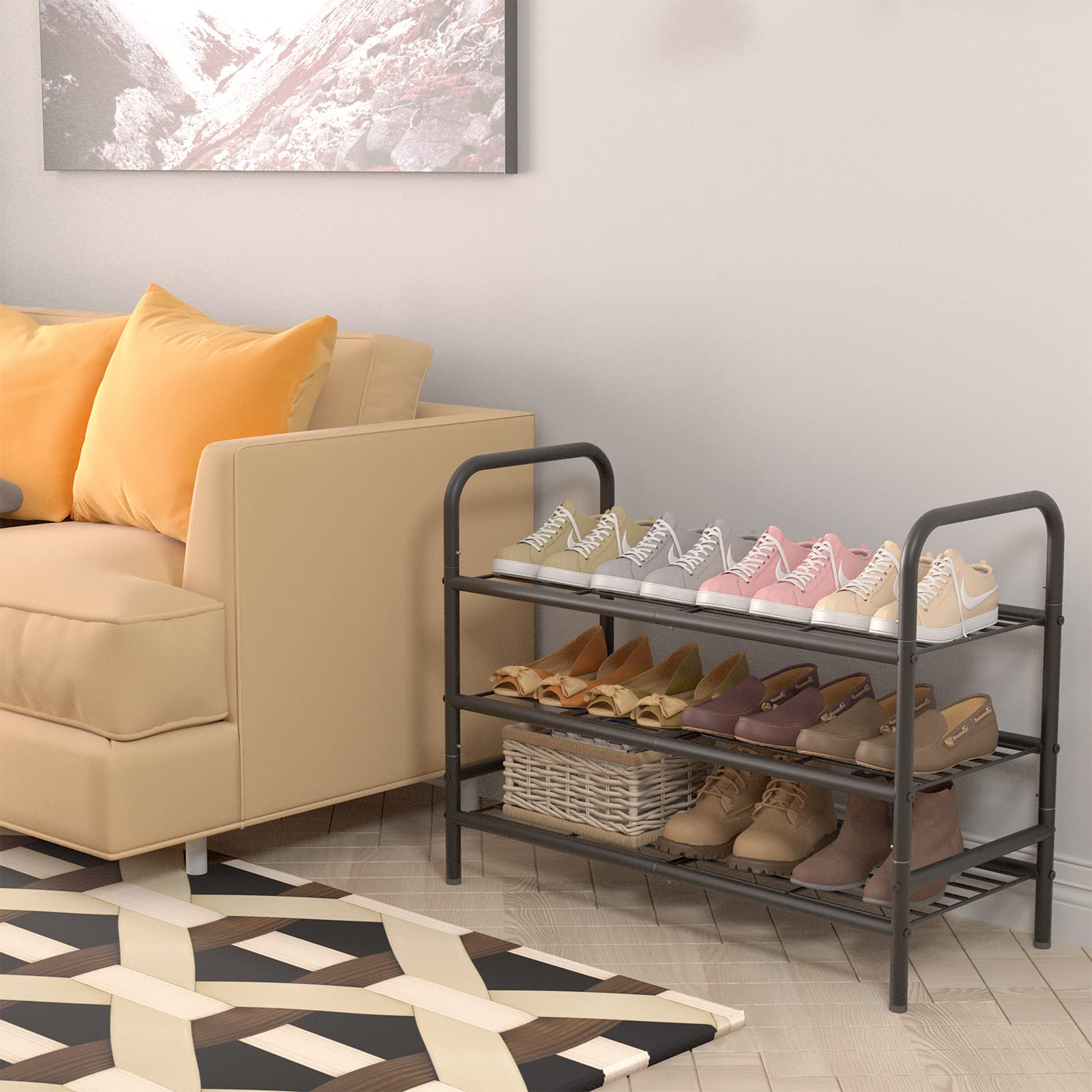 Huhote Metal Shoe Rack 3 Tiers Black Freestanding Shoe Organizer Storage Shelf, Storage Rack Space Saving Shoe Stand Shoe Shelf Garage Shelving for Entryway, Hallway, Living Room,Closet