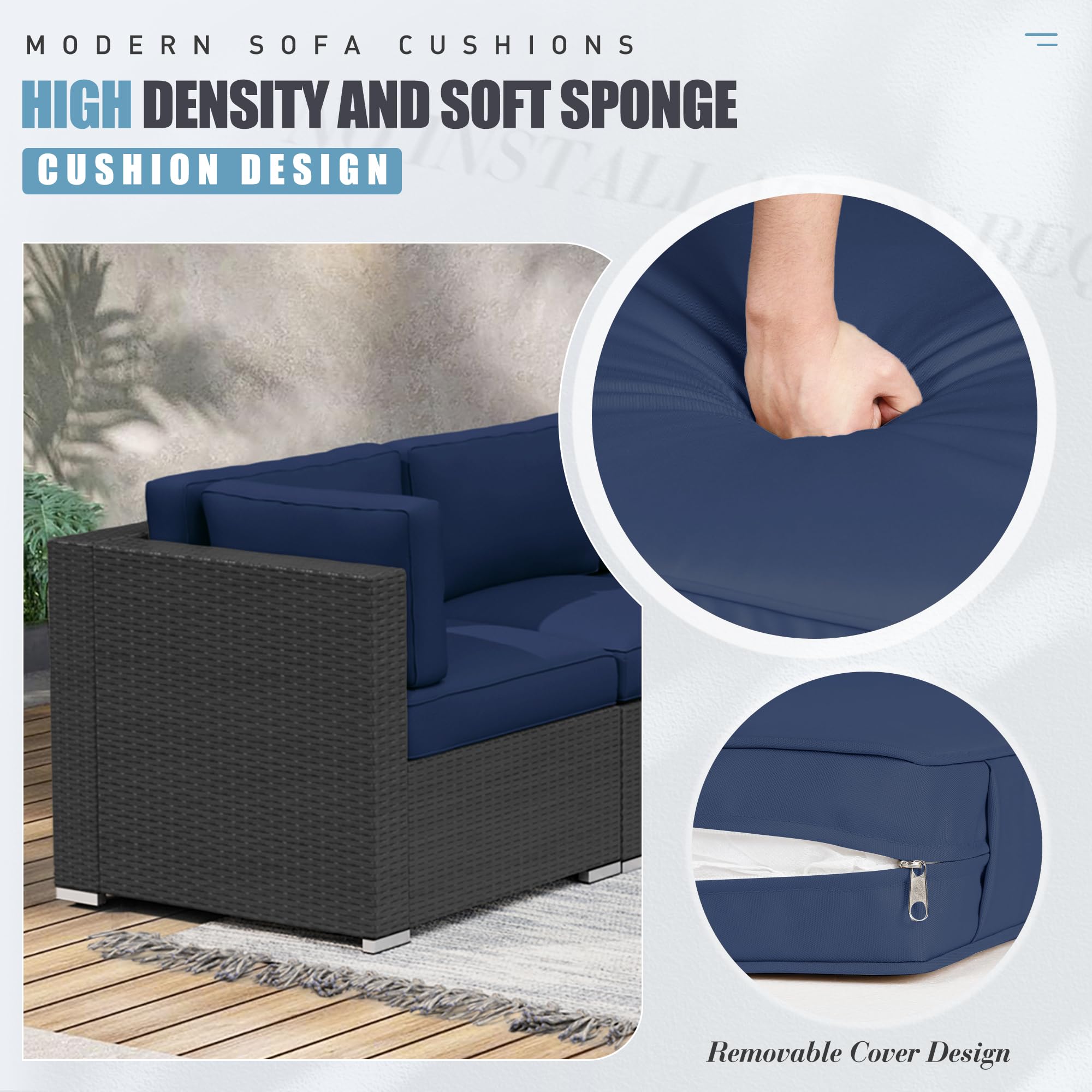 Crownland 14-Piece Outdoor Furniture Replacement Cushions, Water-Resistant Sofa Cushions for 6-Seat Rattan Wicker Sectional Patio Conversation Sets(Dark Blue)