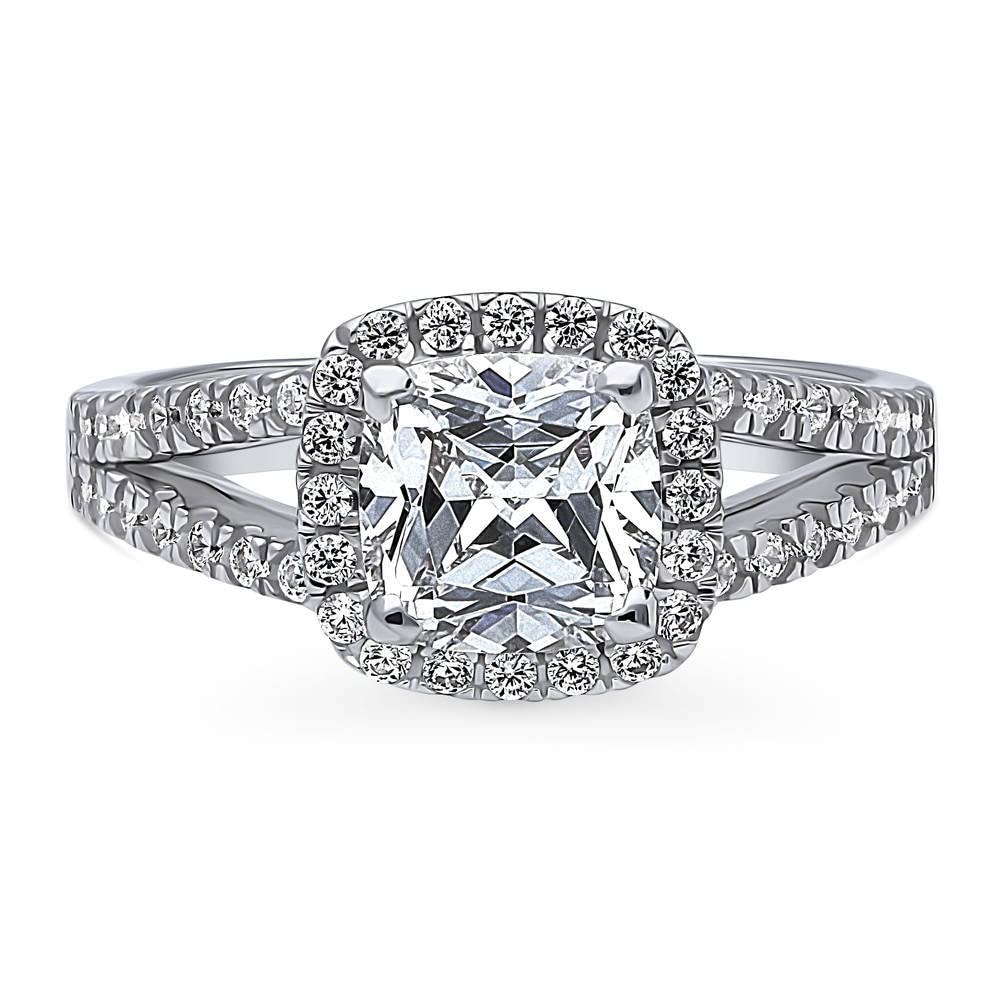 BERRICLE Sterling Silver Halo Wedding Engagement Rings Cushion Cut Cubic Zirconia CZ Split Shank Ring for Women, Rhodium Plated Size 6