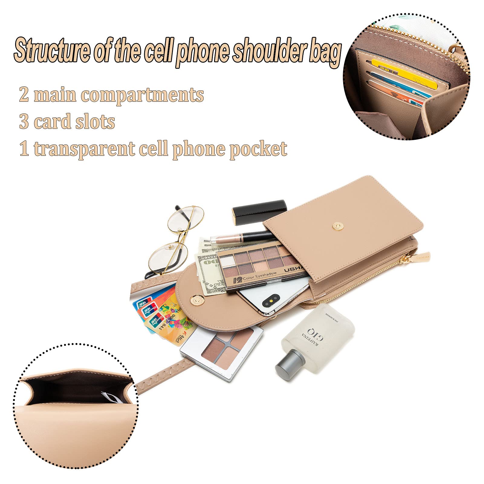 Skyearman Crossbody Cellphone Purse with Handle Womens Touch Screen Phone Bag Small Shoulder Purse for iPhone 1212 MiniXXR (Khaki)