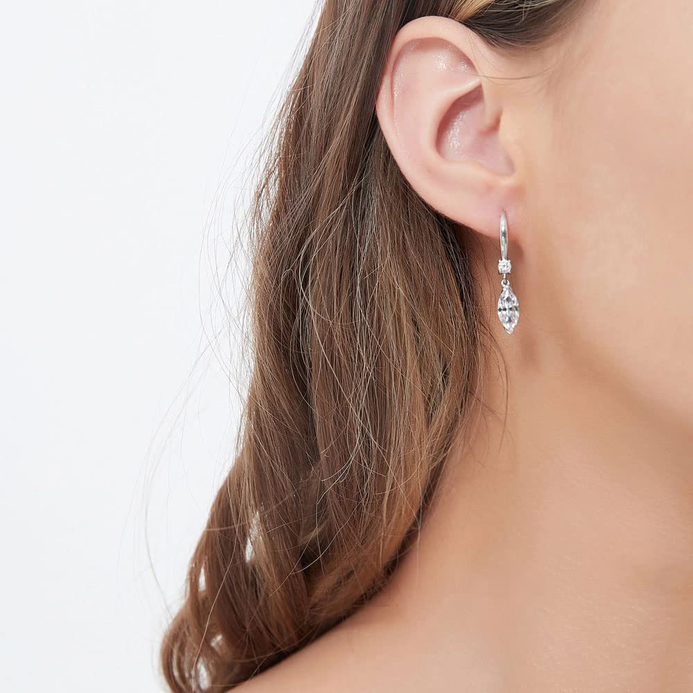 BERRICLE Sterling Silver Solitaire 2 Carat Marquise Cut Cubic Zirconia CZ Anniversary Leverback Dangle Drop Earrings for Women, Rhodium Plated