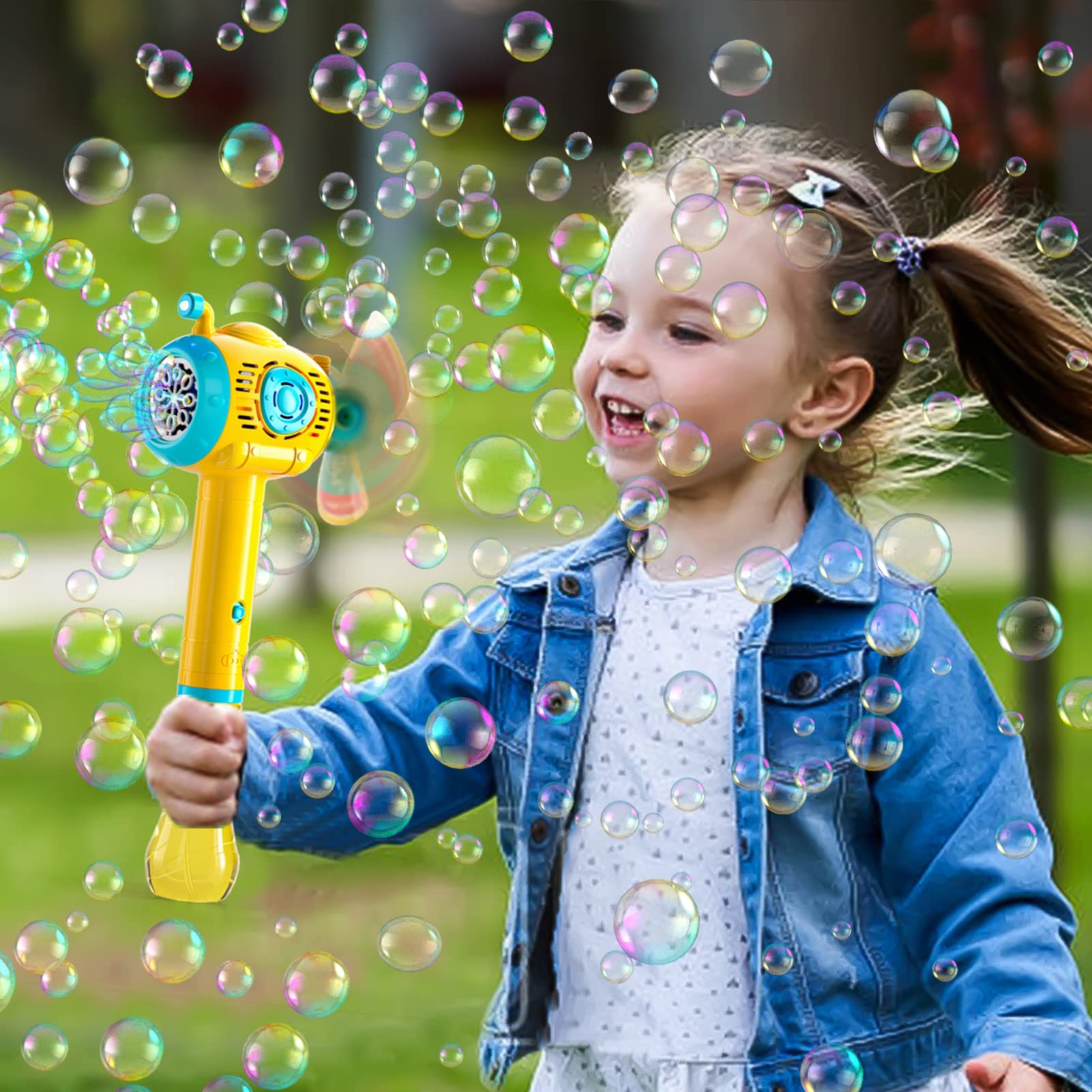 Bubble Wand Gun Machine for Kids Toddlers 1-3，5000+ Bubbles 360°No Leak，Windmill-Submarine Automatic Bubble Maker Blower with Led Light 1 Bubble Solution for Party Wedding Outdoor Indoor Activity