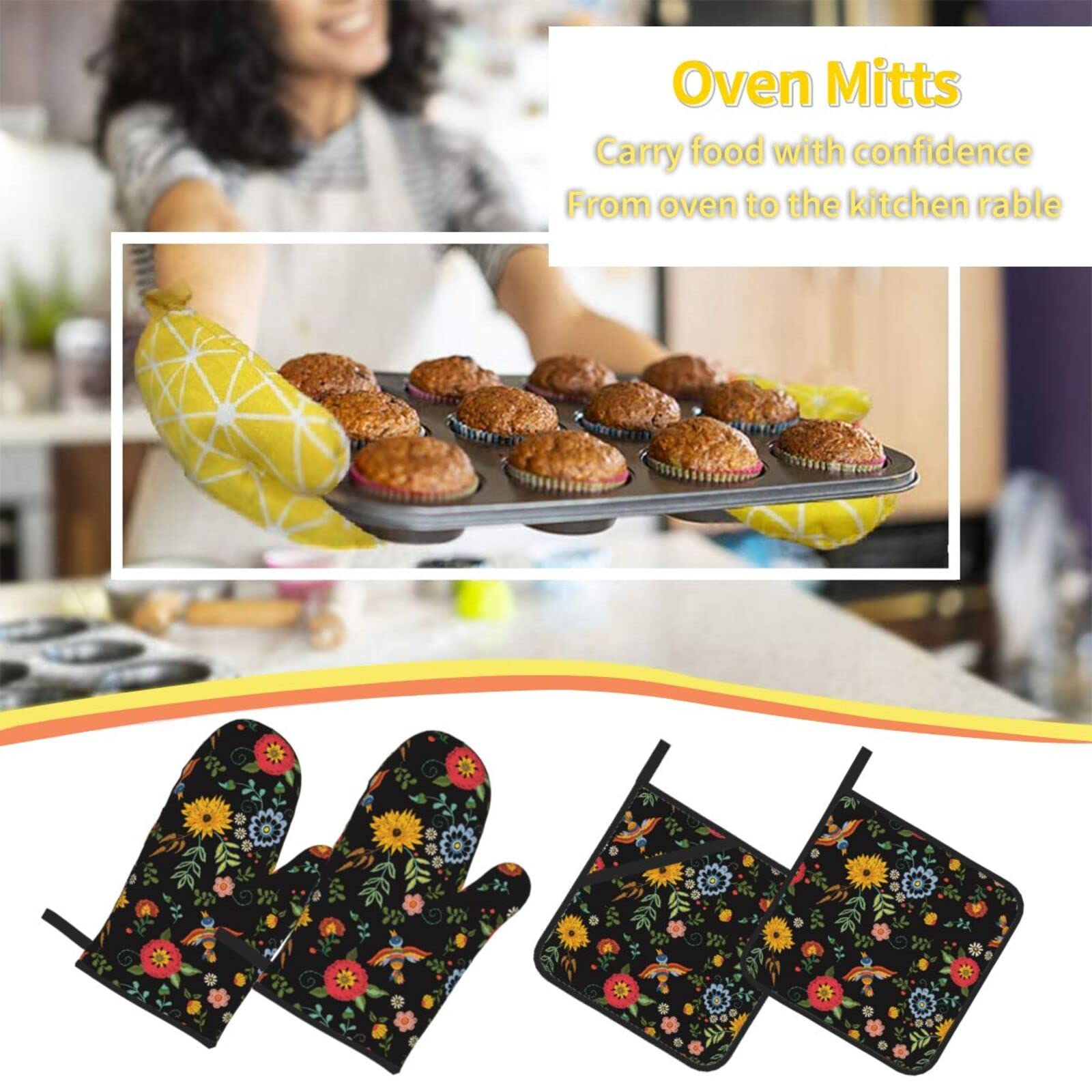 Colorful Floral Birds Oven Mitts and Pot Holders Sets of 4,Non-Slip Heat Resistant Oven Gloves for Baking Cooking Grilling BBQ