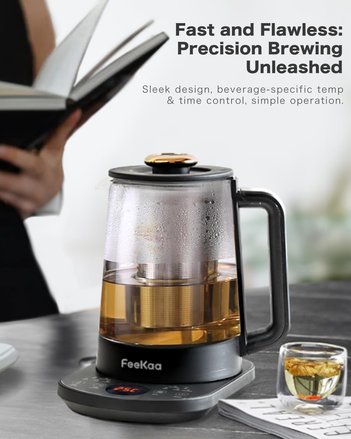 Feekaa Electric Tea Kettle, Tea Pot with Removable Infuser for Loose Leaf Tea, Tea Maker with Time &Temperature Control, Glass Health Pot, 10 Menus Tea/Coffee/Milk/Yogurt, 1.5L, Black