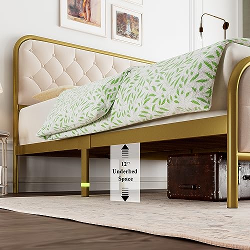 Feonase King Size Bed Frame, Upholstered Bed Frame with Diamond Tufted Headboard, Heavy Duty Metal Slats, 12" Storage Space, No Box Spring Needed, Easy Assembly, Gold