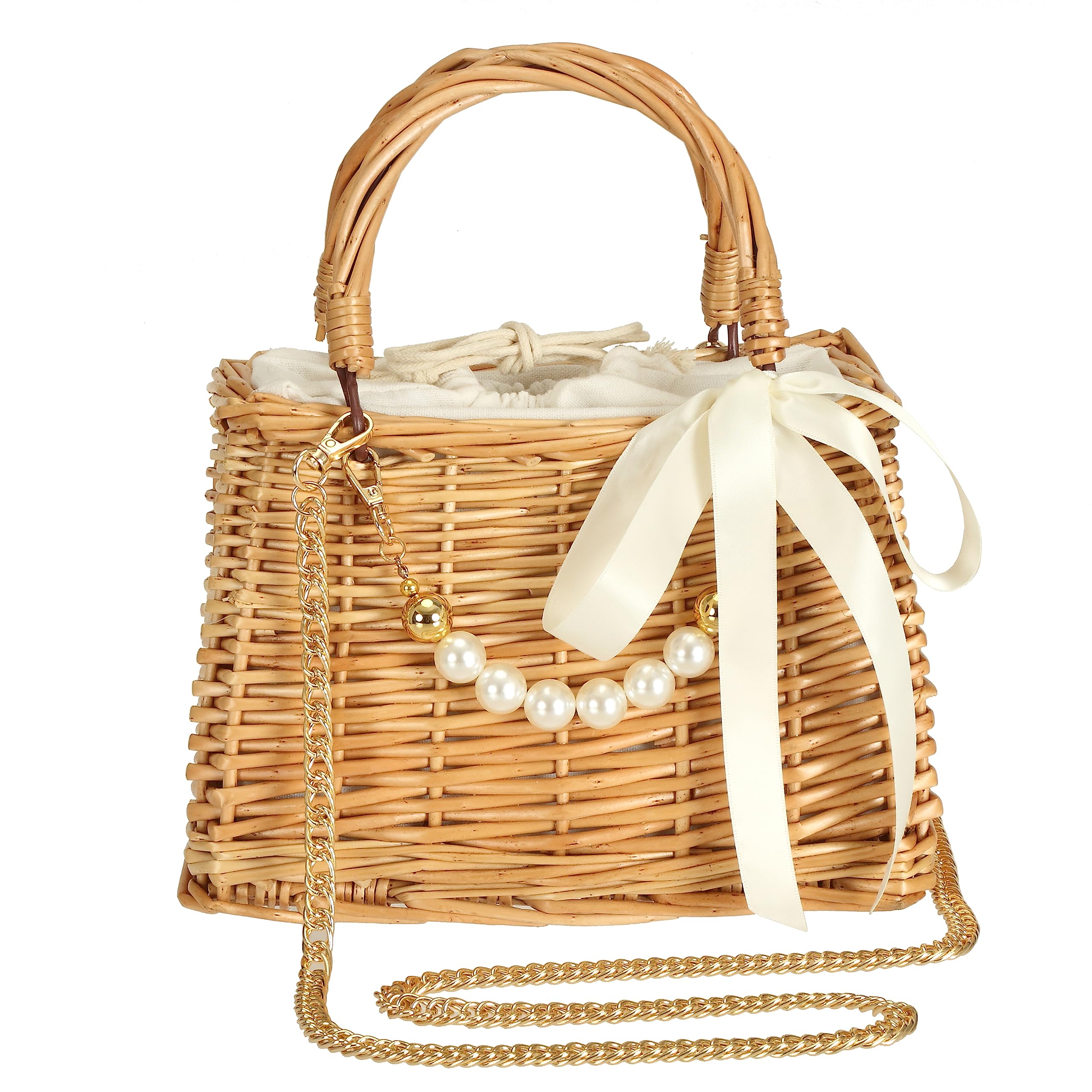 So'each Women's Handmade Rattan Wicker Artificial Pearl Shoulder Bag Beige