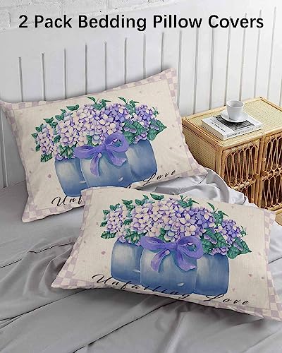 Edwiinsa Spring Floral Pillow Covers Standard Size Set of 2 Bed Pillow, Rustic Purple Plaid Summer Flowers Plush Soft Comfort for Hair/Skin Cooling Pillowcases with Envelop Closure 20''x26''