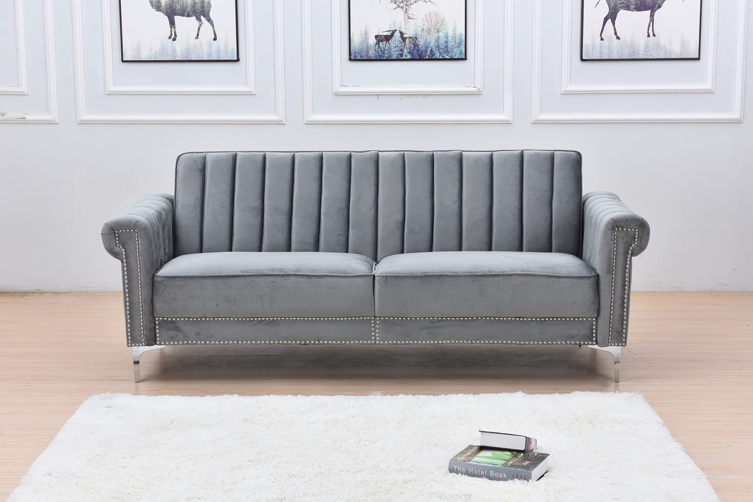 Legend Vansen Loveseat Tight Back Convertible Velvet Sofa Sleeper Living Room and Bedroom Sofabed, 85'' Wide, Grey