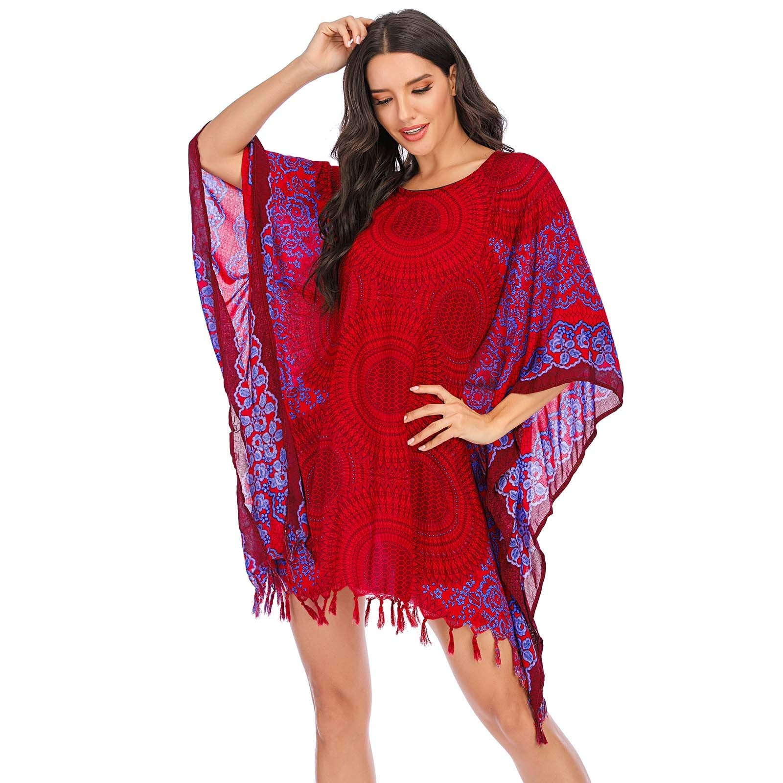 Padaleks Women's Boho Floral Silky Vintage Loose Dress Top Casual Crew Neck Baggy Kaftan Dresses Beach Cover up