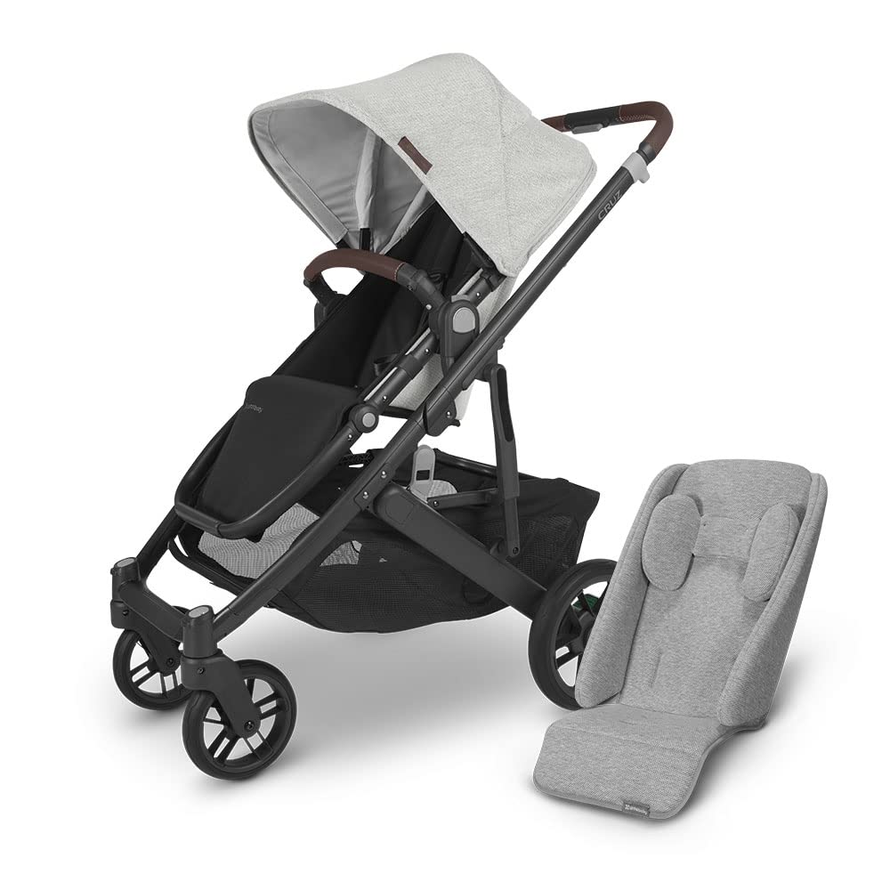 Cruz V2 Stroller -Anthony (White & Grey Chenille/Carbon/Chestnut Leather) + Infant Snug Seat