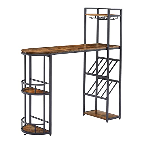 KIVENJAJA Bar Table with Wine Racks, Storage Shelves & Glass Holders, Industrial Small High Top Kitchen Table for 2, 36.4β Counter Height Dining Table Home Bar Unit, Rustic Brown and Black