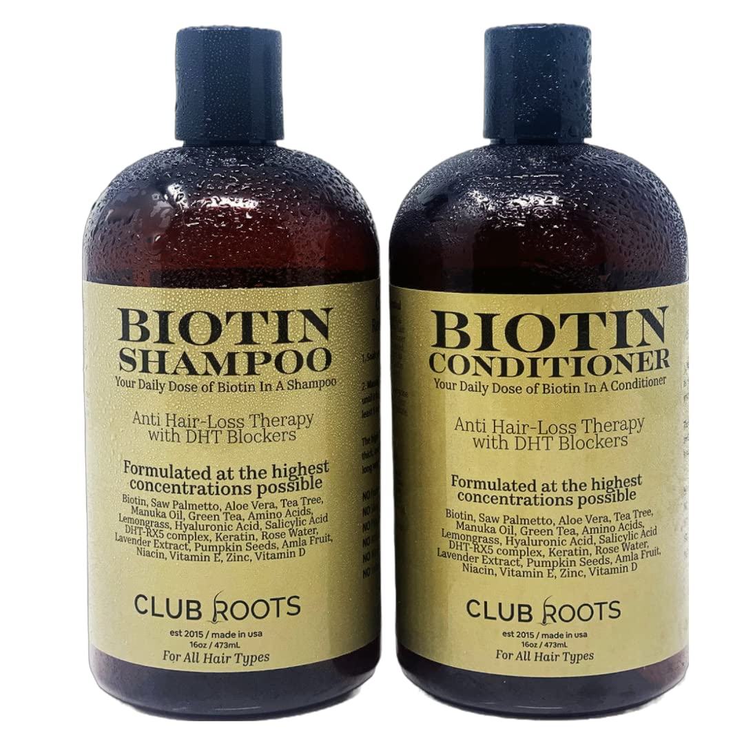 Club Roots Biotin Shampoo & Conditioner Set with DHT Blockers (16oz x 2), Clinically Tested Effective Solution w/Daily Dose of Biotin from a Shampoo, All Hair Types, Men & Women