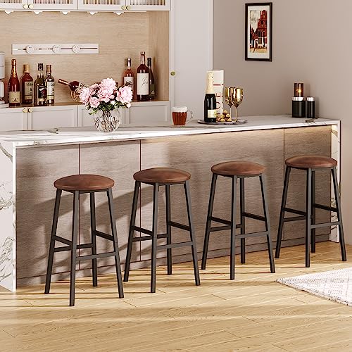 MAHANCRIS Bar Stools, 24.8 Inch PU Upholstered Breakfast Stools, Set of 2 Round Bar Chairs with Footrest, Bar Height Stools with Footrest, for Restaurant, Kitchen, Bar Counter, Rustic Brown BAHF02R01