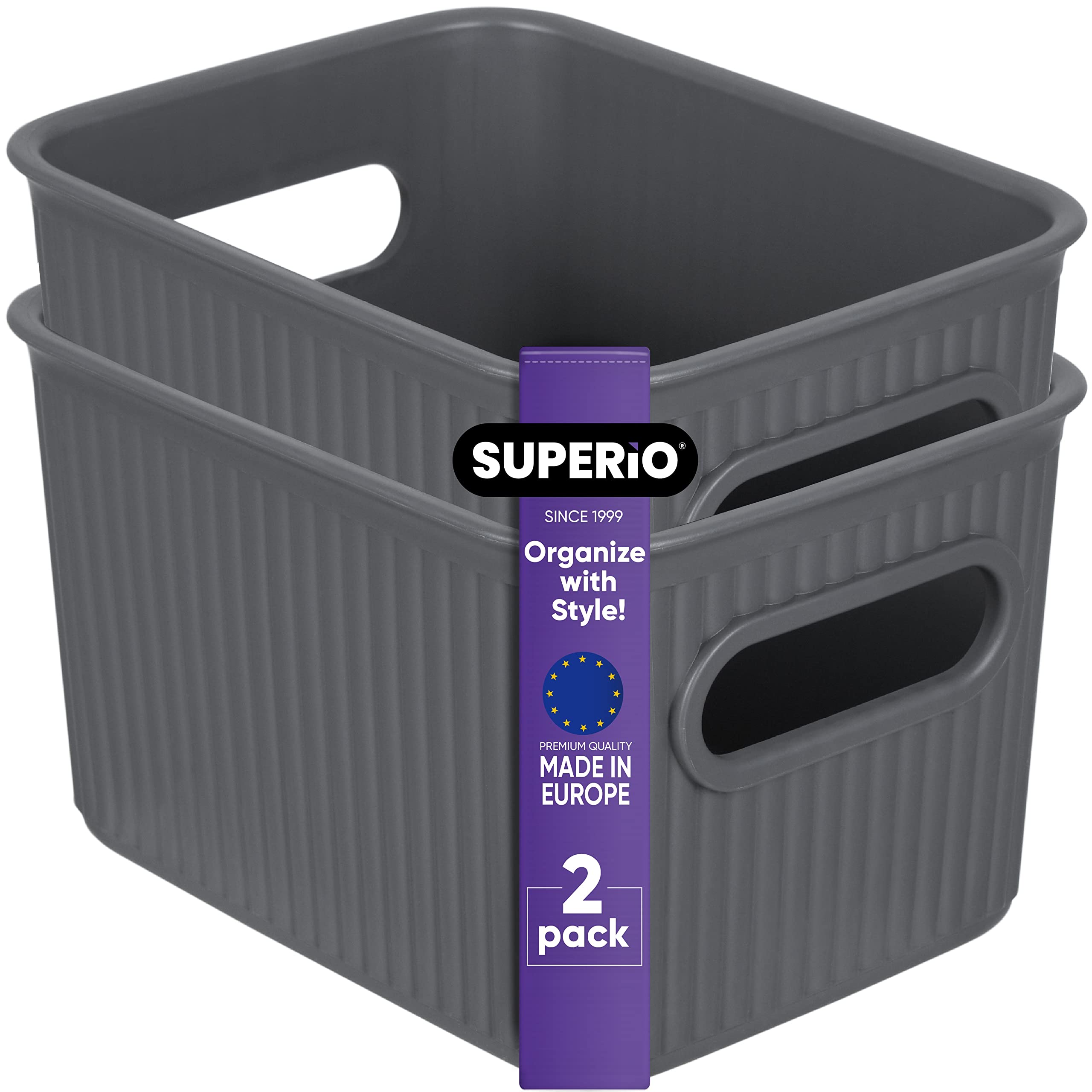 Superio Ribbed Collection - Decorative Plastic Open Home Storage Bins Organizer Baskets, Small Grey (2 Pack) Container Boxes for Organizing Closet Shelves Drawer Shelf 1.5 Liter