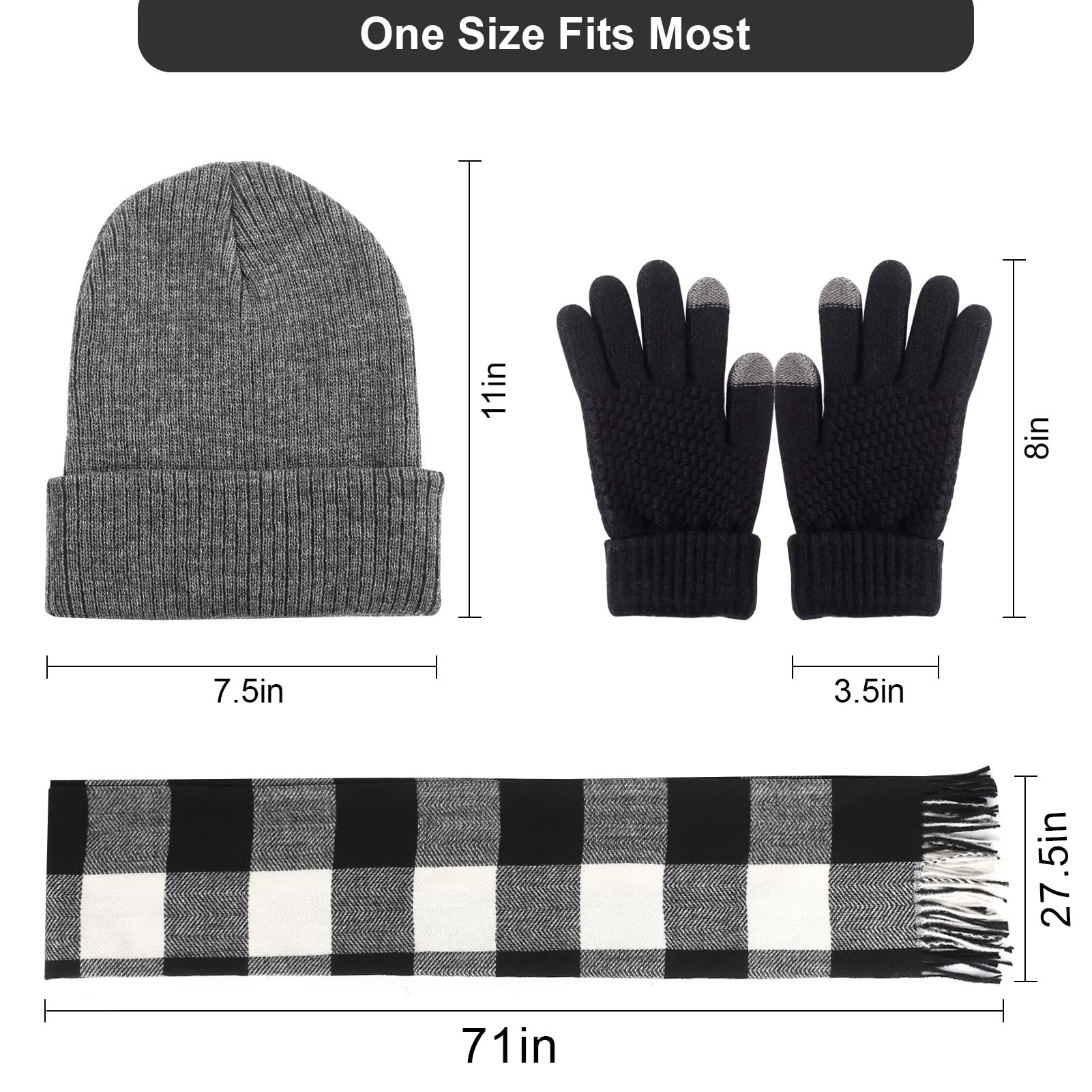 Black Plaid Full Cover Winter Warm Set, Scarf Beanie Hat Screen Gloves for Men Women