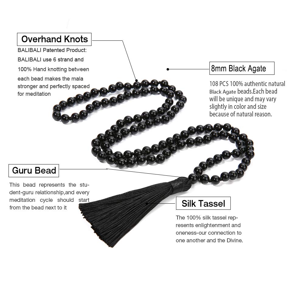 BALIBALI 8MM Beads Chakra Long Mala Necklace Natural Stone Meditation Statement Necklace Japa Yoga Rosary Prayer Charm Beaded Tassel Necklace (Black Agate)
