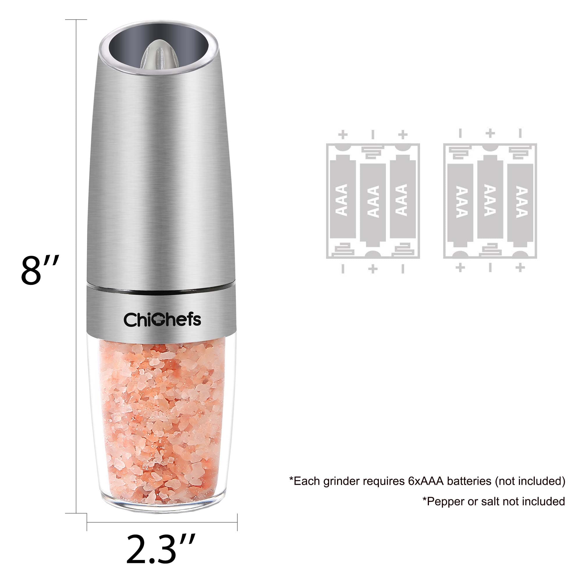 ChiChefs Electric Gravity Pepper Grinder or Salt Grinder Mill, Automatic Pepper Mill, Battery Operated with White LED Light, One Handed Operation, Adjustable Coarseness, Stainless Steel