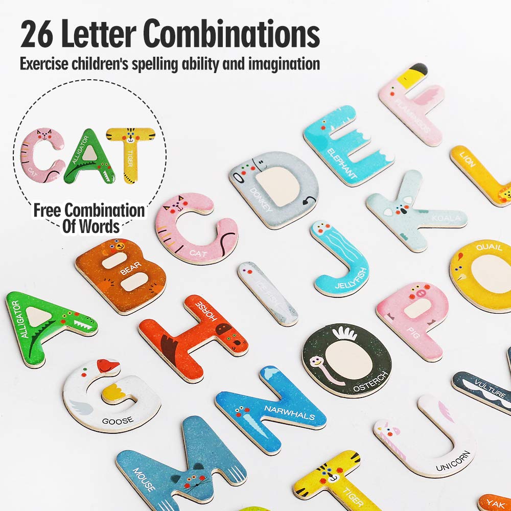 USATDD Jumbo Magnetic Animals Alphabets with Board Colourful Letters Toys Refrigerator Magnet Stick Paper Preschool Learning Spelling Tools Writing &Matching Games Homeschool Supplies for Toddler