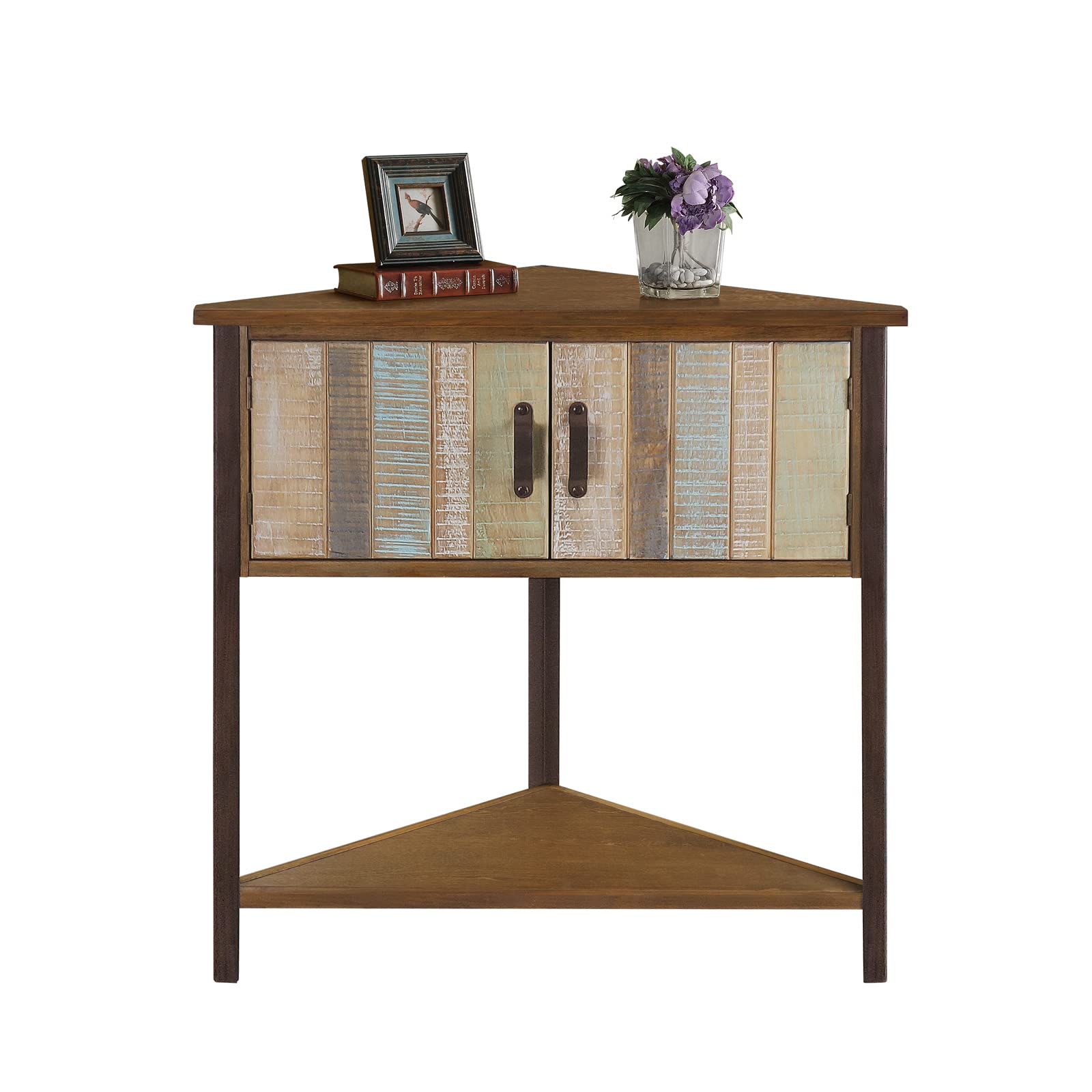 Giofanzo Corner Tables for Living Room, Small Corner Table with Storage Cabinet Table Corner Bar Accent Cabinet with Solid Wood and Metal Frame, Hand-Made Unique Corner Table(Natural Blue)