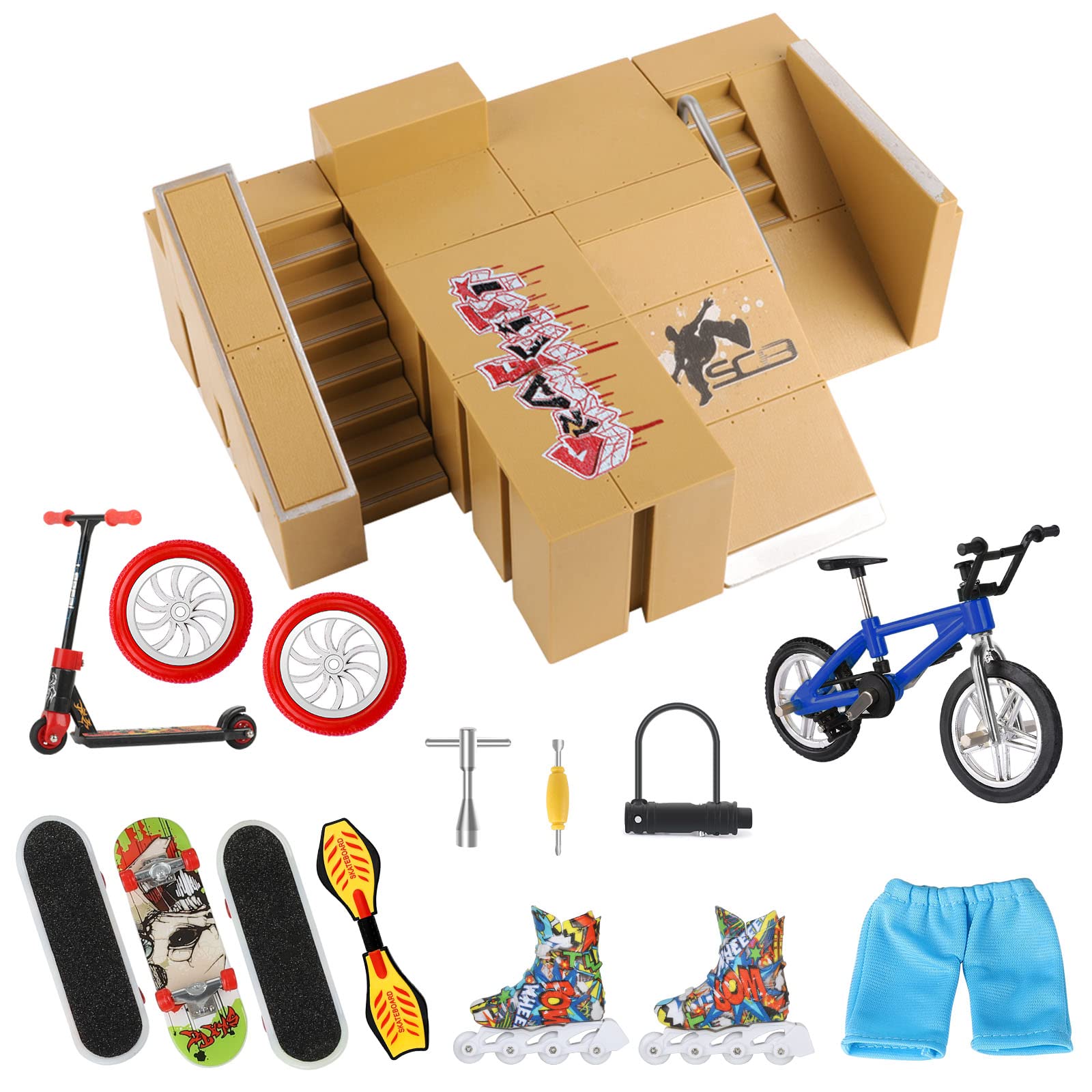 HOMETALL Fingerboard Skatepark Set 5Pcs with 13Pcs Mini Finger Toy Set Including Finger Skateboards, Finger Bike, Fingerboard Skate Park Skateboard Ramps Rail Pack for Kids Gift