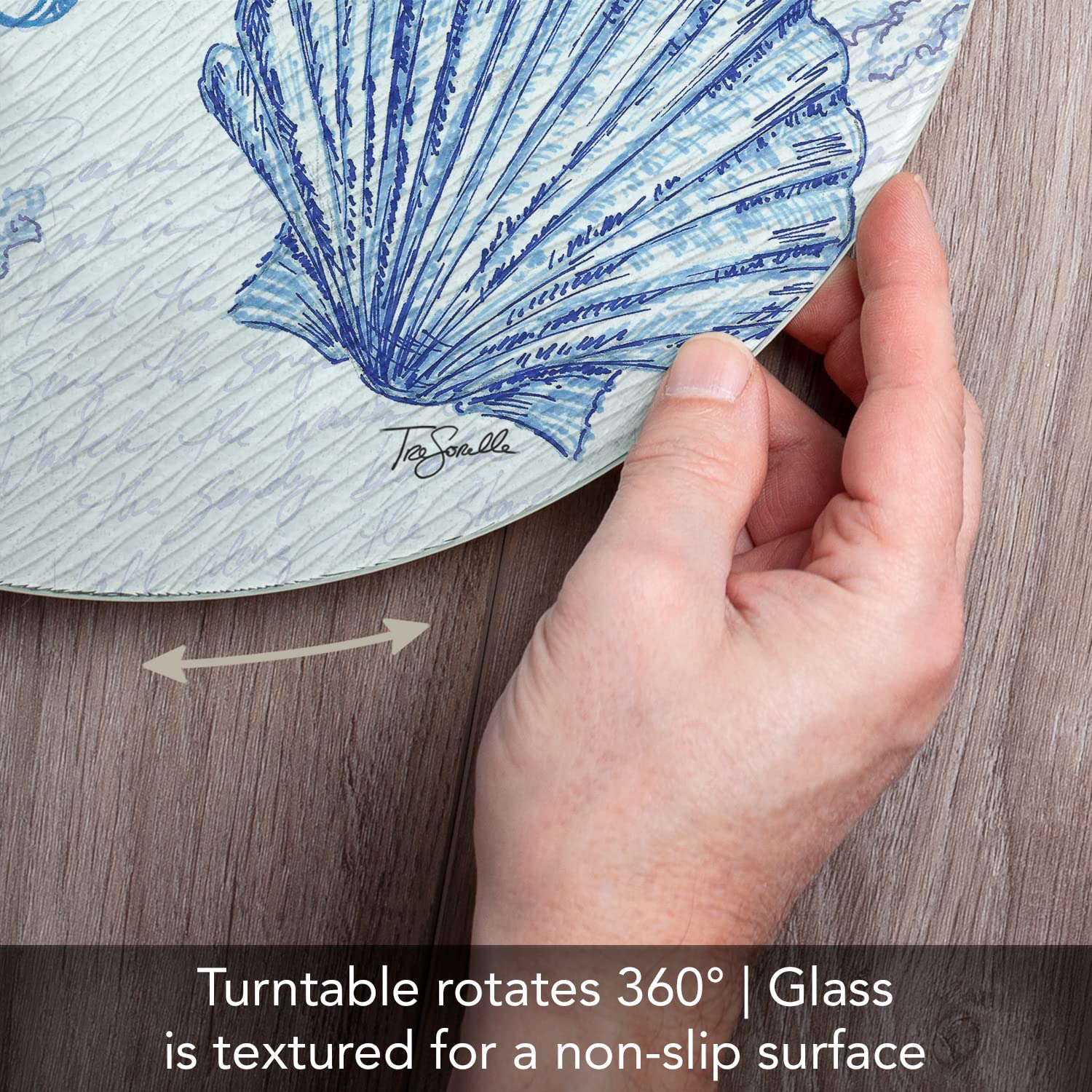 CounterArt Coastal Sketch 4mm Heat Tolerant Tempered Glass Lazy Susan Turntable 13" Diameter Cake Plate Condiment Caddy Pizza Server