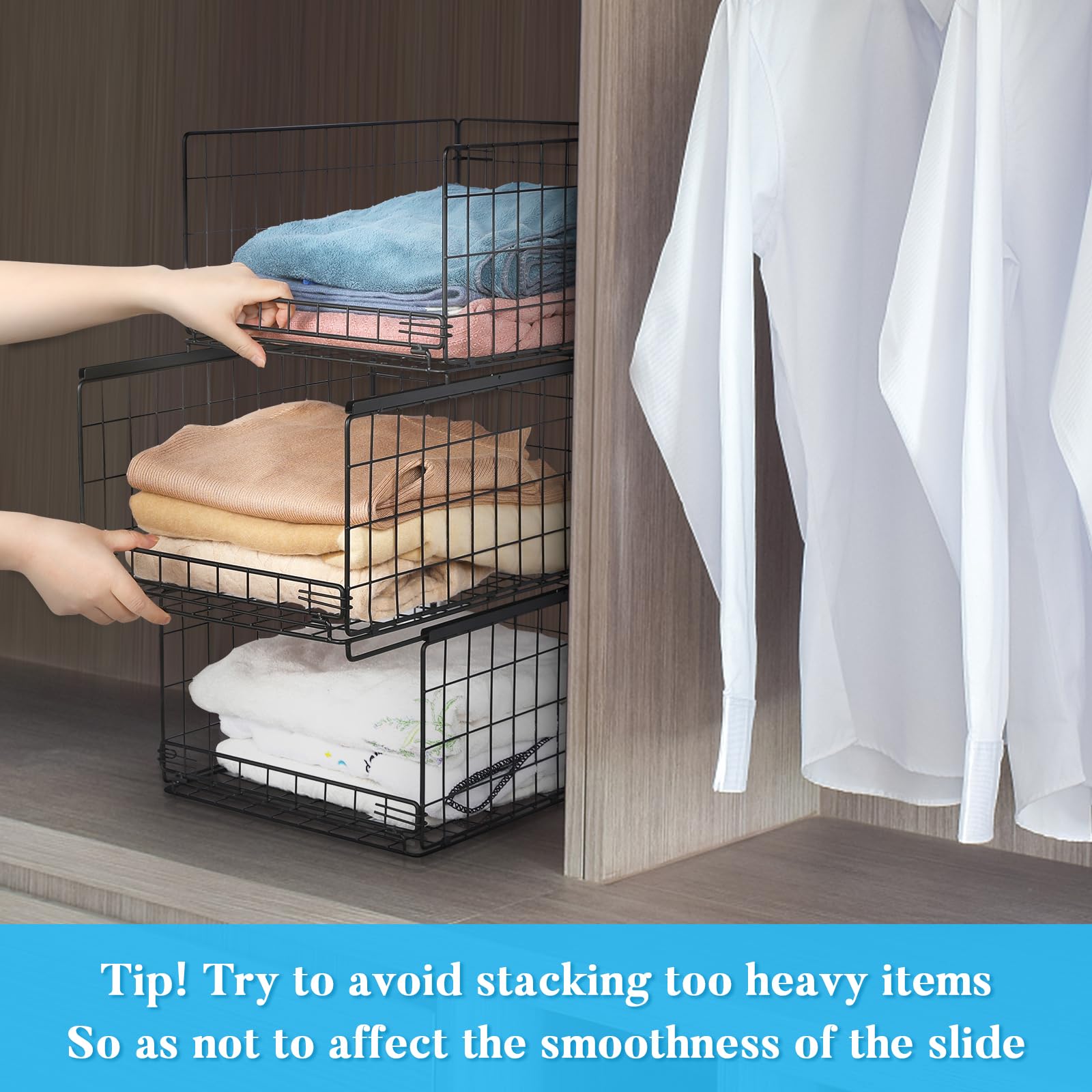 Hongtamoya 4-tier Sliding Closet Organizers and Drawer Storage Shelves, Stackable Storage Bins for Jean Pants Sweaters, Metal Drawer Slid Clothes Storage Container, Closet Organizers for Clothes-Black