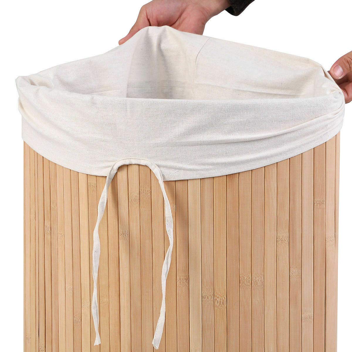 Giantex Corner Laundry Hamper with Lid, Bamboo Laundry Basket with Removable Liner and Handle, Clothes Basket for Cloth Organize, Clothes Storage Bin for Bedroom, Laundry, Living Room (Beige)