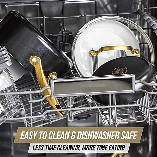 Blue Diamond Gold 10 Piece Cookware Set,Ceramic Nonstick, PFAS Free, PFOA Free, Induction Suitable, Dishwasher Safe, Gold Handle, Black