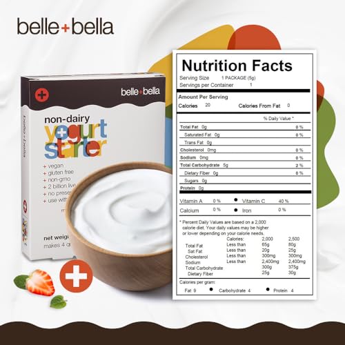 Belle + Bella Non-Dairy Vegan Yogurt Starter - Gluten Free, No Added Sugar, Non GMO - Makes 4 Quarts Vegan Yogurt - 2 Billion Live Cultures - Mix with Any Dairy Free or Dairy Milk - 1 Box