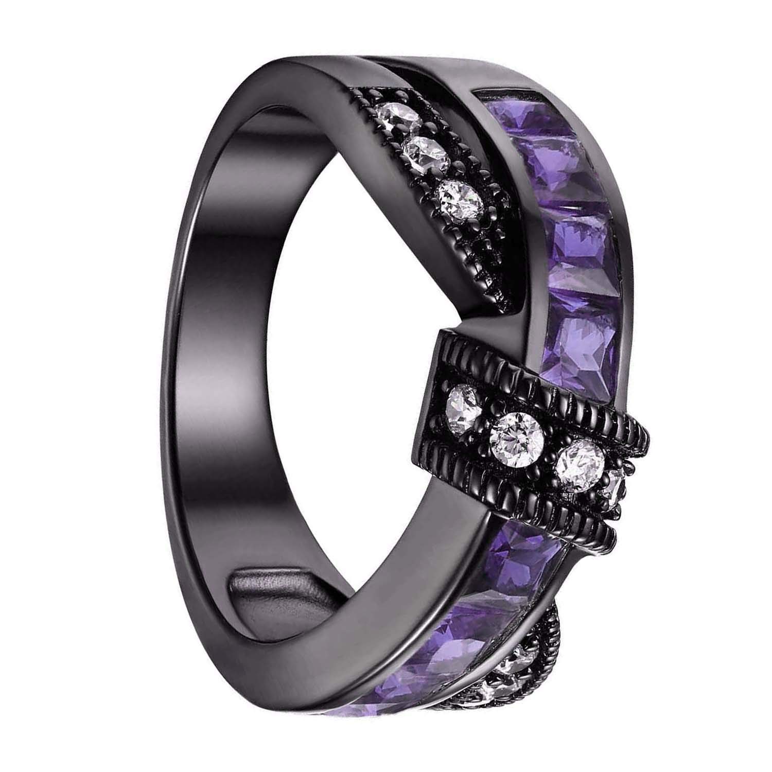 Black Stainless Steel Princess Cut Purple CZ Criss Cross Rings Wedding Engagement Ring For Women Crossover size 6
