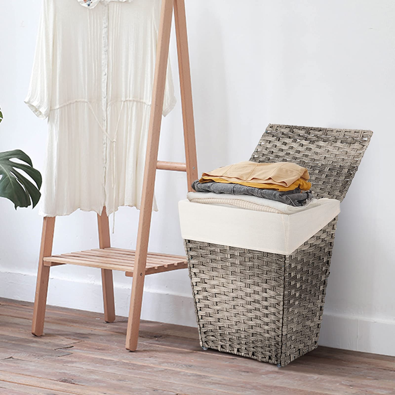 Giantex Laundry Hamper with Lid, Foldable Laundry Basket w/Removable Liner Bag, Handwoven Rattan Clothes Hamper w/Handles Anti-skid Pads for Living Room Laundry (Gray)