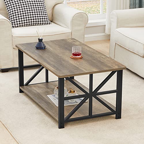 GreenForest Coffee Table for Living Room with Round Corners Farmhouse Style Center Table with Storage Shelf 40 Inch Space Saving Easy Assembly Gray Wash