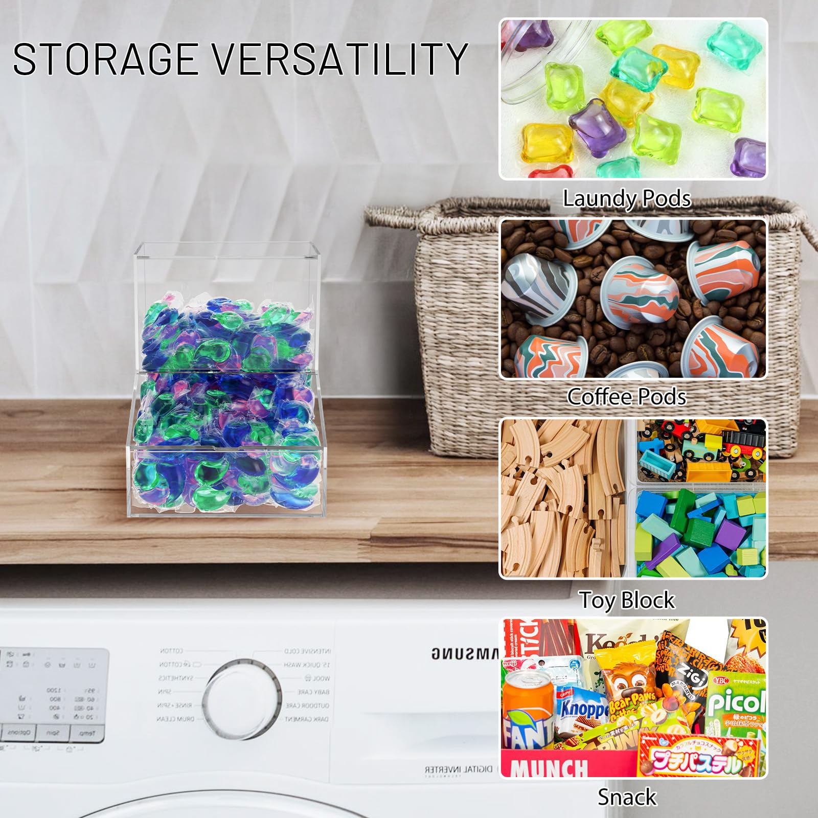 BSSOYAMM Laundry Pods Container, Acrylic Laundry Pods Holder with 2 Lid, Adhesive Dishwasher Pods Dispenser, Clear Laundry Room Organization Storage for Clothes Pins, Dryer Balls, Snack, Candy