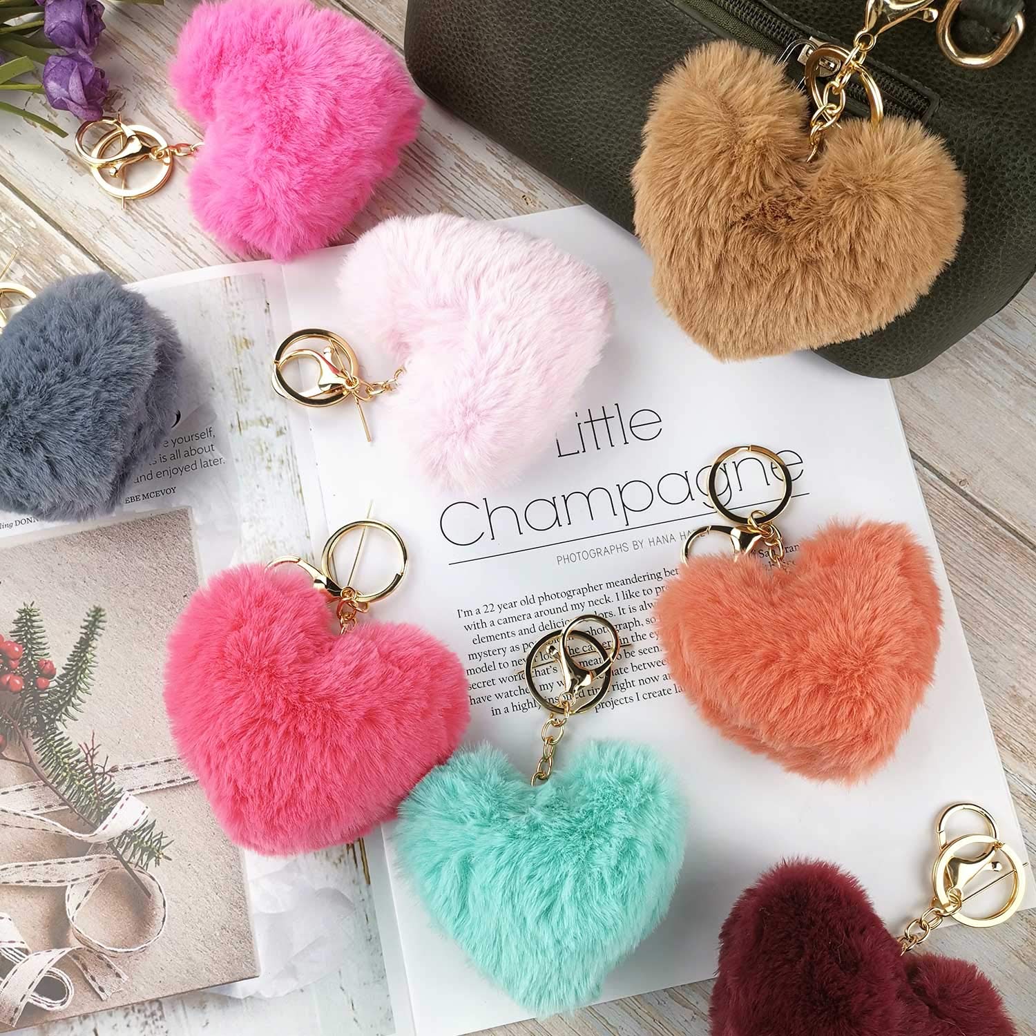 Colored Pom Pom Keychain Bulk Heart Fluffy Fur Puff Ball Key for Women (24pcs)