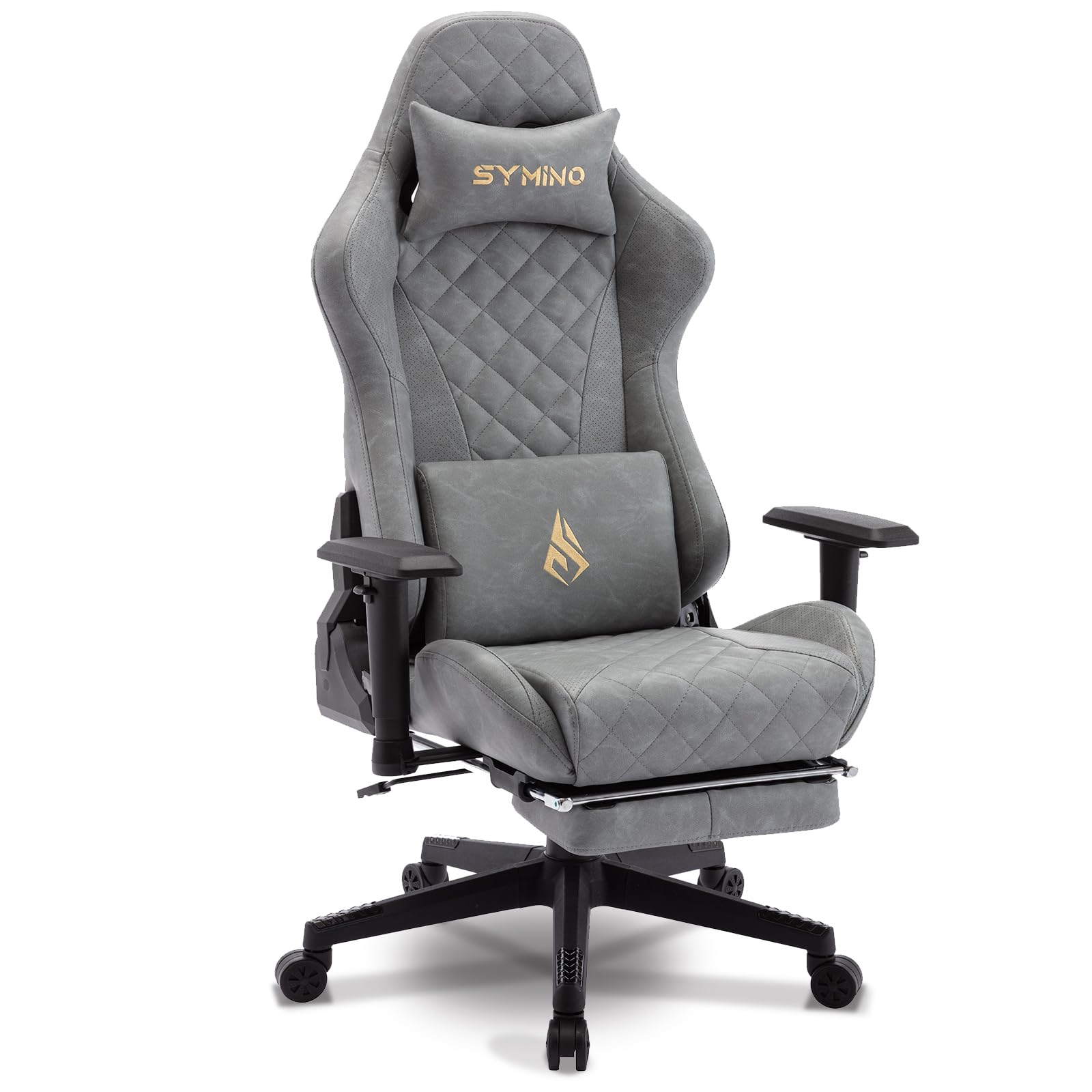 symino Gaming Chair Ergonomic Office Chair Racing Style Computer Chair with 3D Armrest, Vintage Style PU Leather PC Chair with Footrest (Grey)