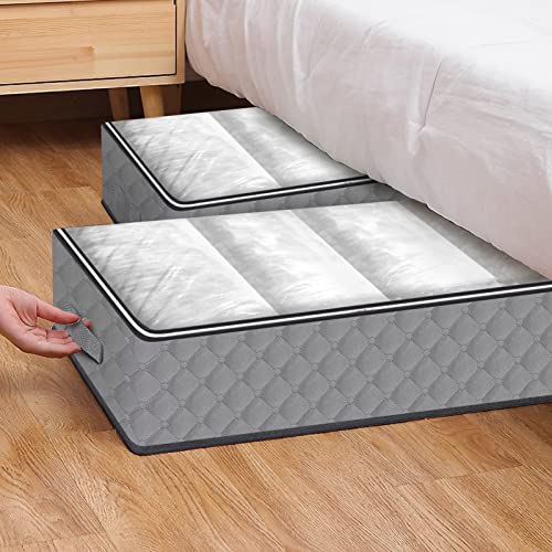 Homelove Under Bed Storage Bags, 2 Pack Fabric Underbed Storage Containers with Reinforced Handles and Clear Window Foldable Bedroom Organizer Bags Bin for Blankets Clothes Comforters Toys,Grey