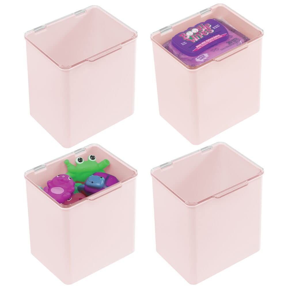 mDesign Plastic Stackable Box Household Storage Container with Attached Hinged Lid - Organizer for Entryway, Mudroom, Closet, Kitchen, Bathroom, Garage Kid's Room, Craft, 4 Pack - Light Pink/Clear