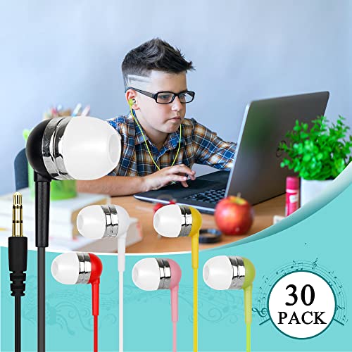 Hi world ZXQZYM 30 Packs Bulk Earbud Headphones for Classroom Kids,Wholesale Earphones Individually Bagged for Students,School,Library,Museums(Multi Color)