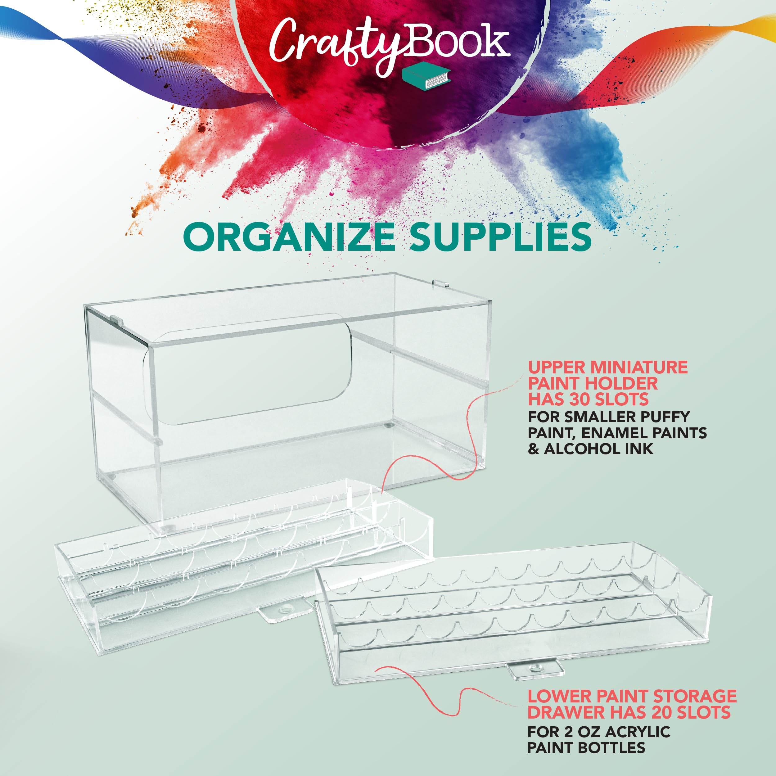 CraftyBook Acrylic Paint Storage Organizer - 50 Bottle Miniature, Hobby, Enamel, Model Paint Holder - 2 Drawer Clear Acrylic Craft Storage - Desktop Art Organization Container for Craft Room Studio