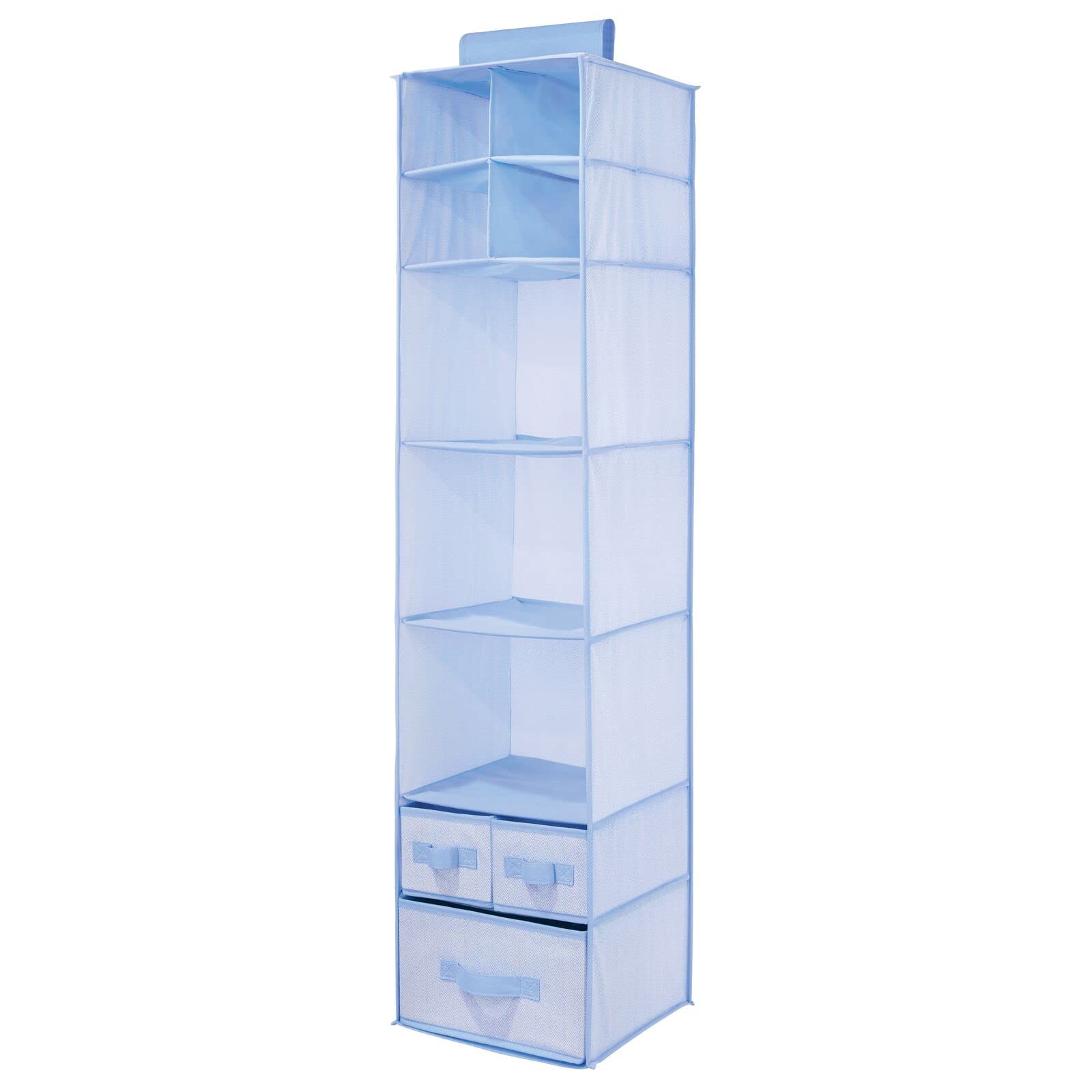 mDesign Soft Fabric Over Closet Rod Hanging Storage Organizer with 7 Shelves and 3 Removable Drawers for Child/Kids Room or Nursery - Herringbone Print - Blue