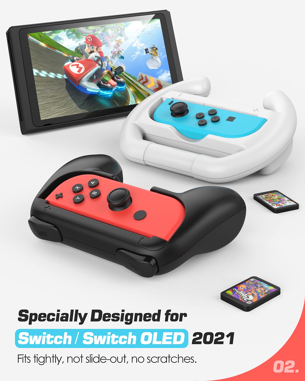 MoKo Steering Wheel & Grips for Nintendo Switch OLED 2021/Switch Joy-Con Controllers, 2 Pack Mariokart Racing Steering Wheel & 2 Pack Comfort Hand Grip Handle Kit for Mario Kart 8 Deluxe, Black&White