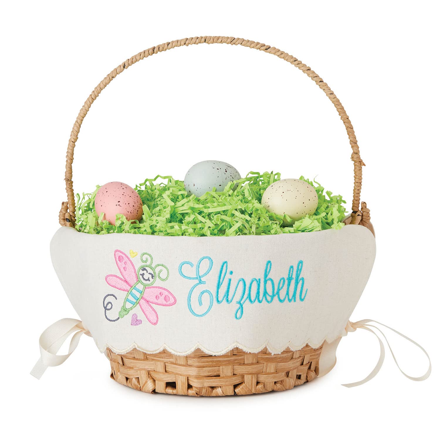 Dragonfly Personalized Easter Egg Basket with Handle and Custom Name | Scallop Edge Linen Easter Basket Liners | Tan Basket | Woven Easter Baskets for Kids | Customized Easter Basket