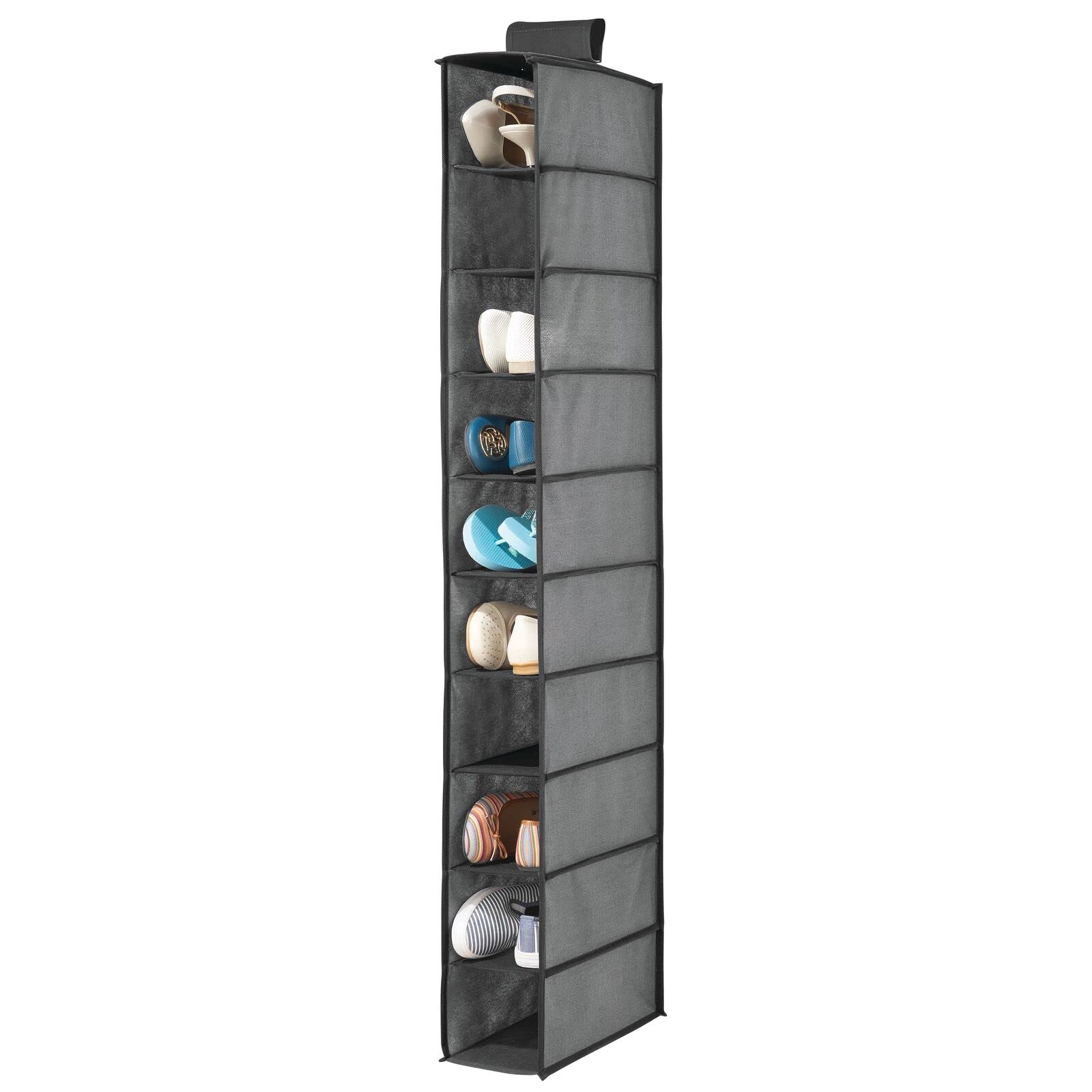 mDesign Soft Fabric Closet Organizer - Holds Shoes, Handbags, Clutches, Accessories - 10 Shelf Over Rod Hanging Storage Unit - Textured Print - 2 Pack - Charcoal Gray/Black