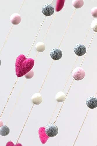 Felt Ball & Heart Nursery Ceiling Mobile- Hot Pink, Light Pink, Gray & White
