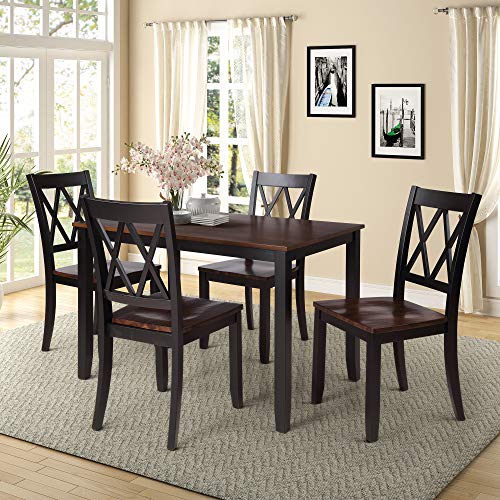 Knocbel 5-Piece Wood Dining Table Set, Elegant Home Kitchen Table with 4 Pcs Comfort High Backrest Chairs (Black with Cherry)