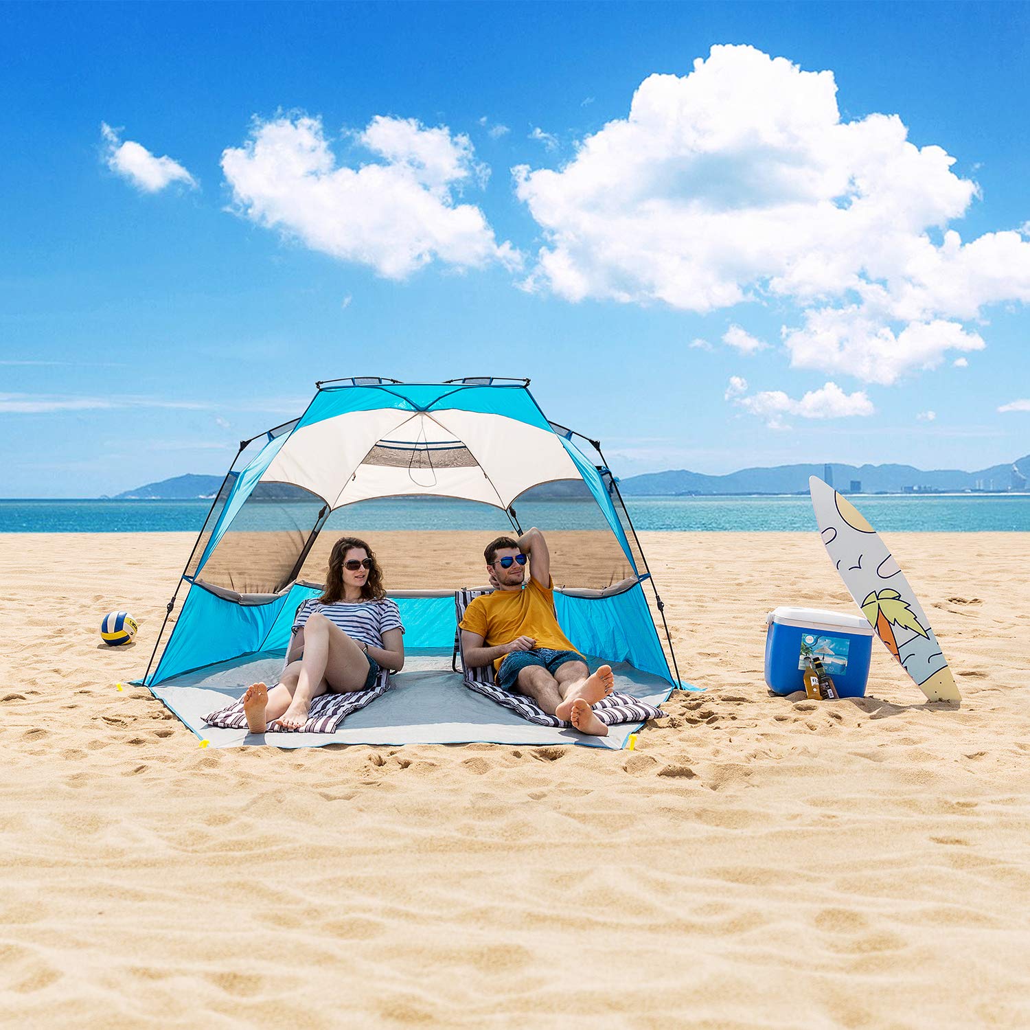 Beach Tent Pop Up with Sand Pocket for 4-5 Person, Easy Setup Sun Shelter Shade,UPF 50+ UV Protection, Lightweight & portable Beach Umbrella, Extended Floor&3 ventilating windows Extra XLarge