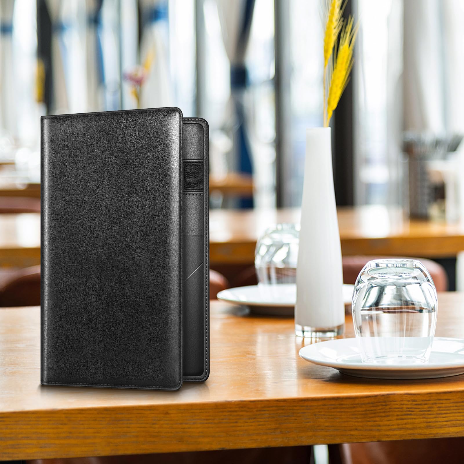Fintie Server Book Organizer with Zipper Pocket, PU Leather Restaurant Guest Check Presenters Card Holder for Waitress, Waiter, Bartender (Black)