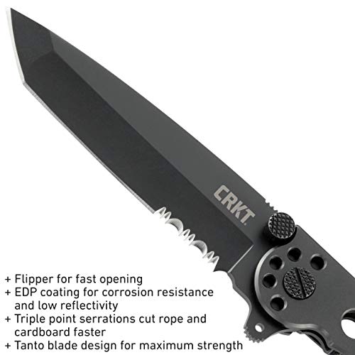CRKT M16-10KS EDC Folding Pocket Knife: Everyday Carry, Black Serrated Edge Blade, Tanto, Frame Lock, Stainless Steel Handle, Reversible Pocket Clip