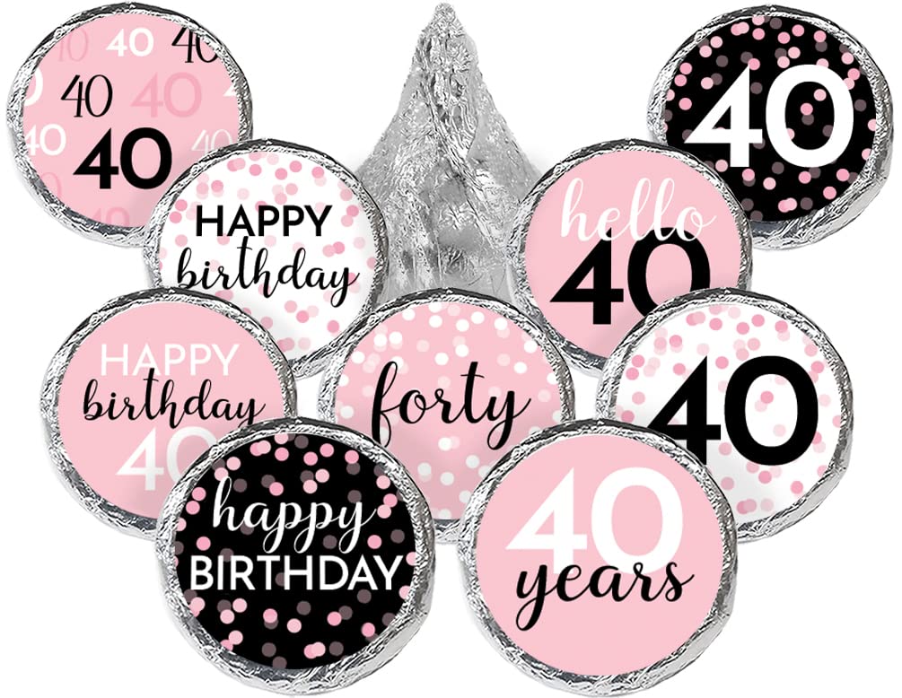 Pink, Black, and White 40th Birthday Party Favor Chocolate Kisses Candy Stickers, Pink Birthday Decorations for Women - 180 Count